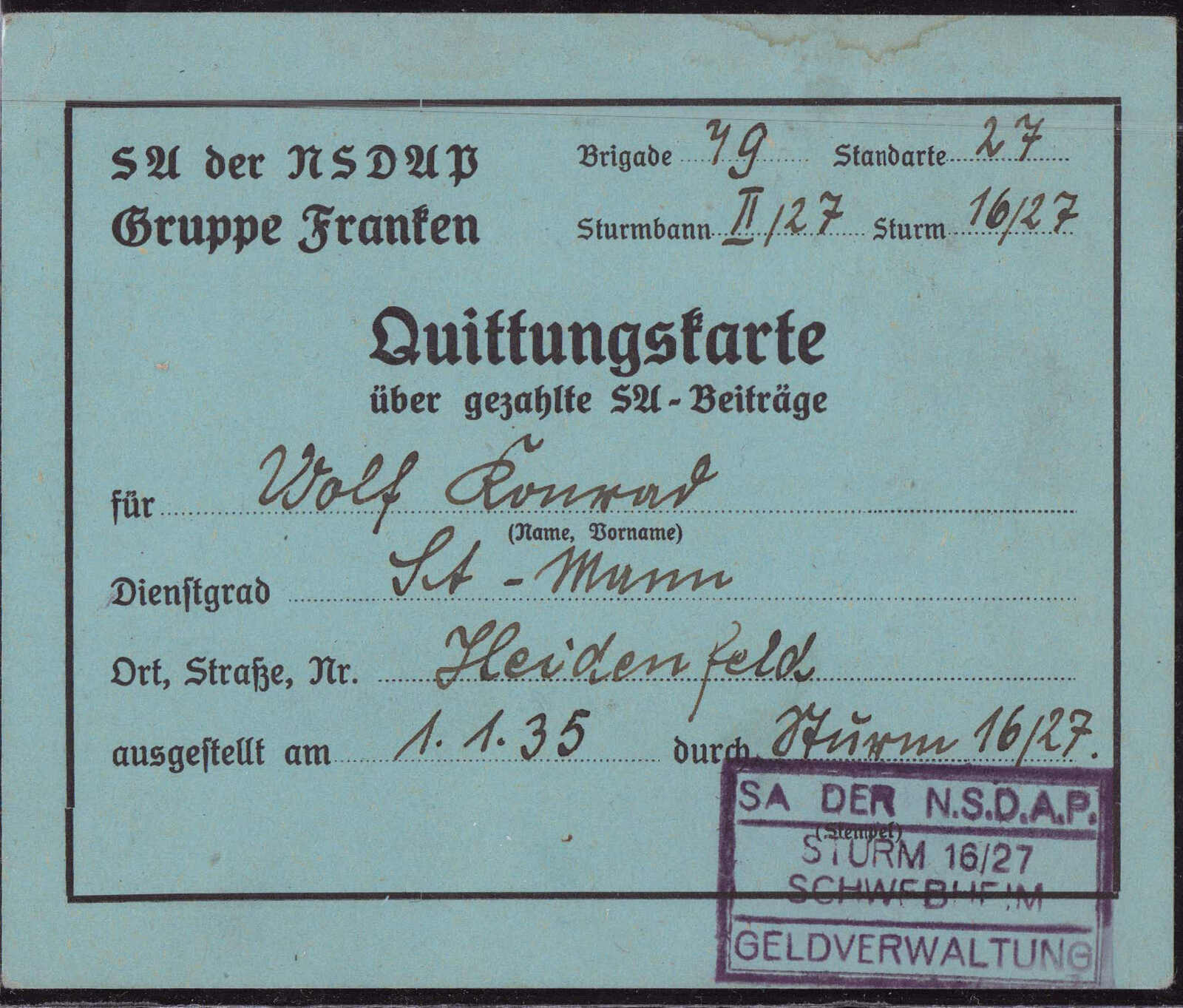 Quittungskarte SA der NSDAP Gruppe - auctions & price archive