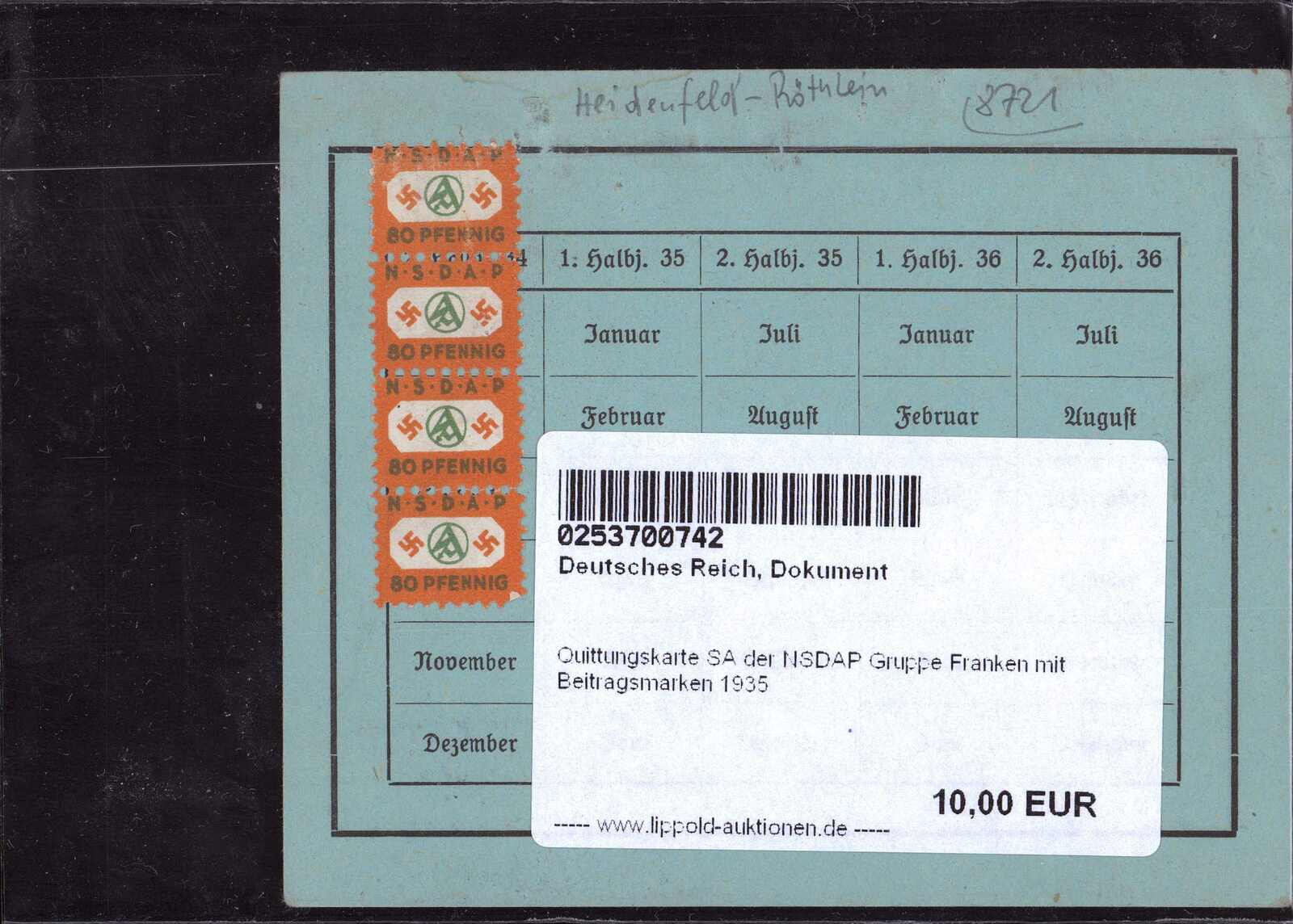 Quittungskarte SA der NSDAP Gruppe - auctions & price archive