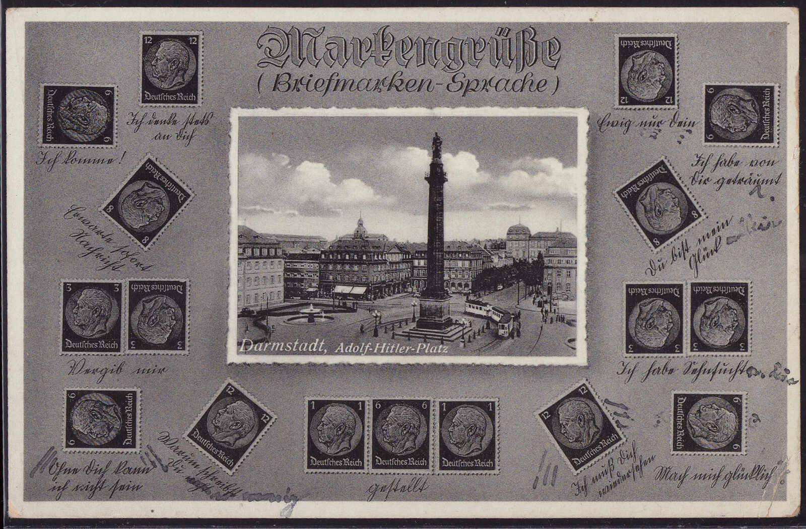 W-6100 Darmstadt Briefmarkengrüße vom Adolf-Hitler-Platz, Feldpost 1940 ...