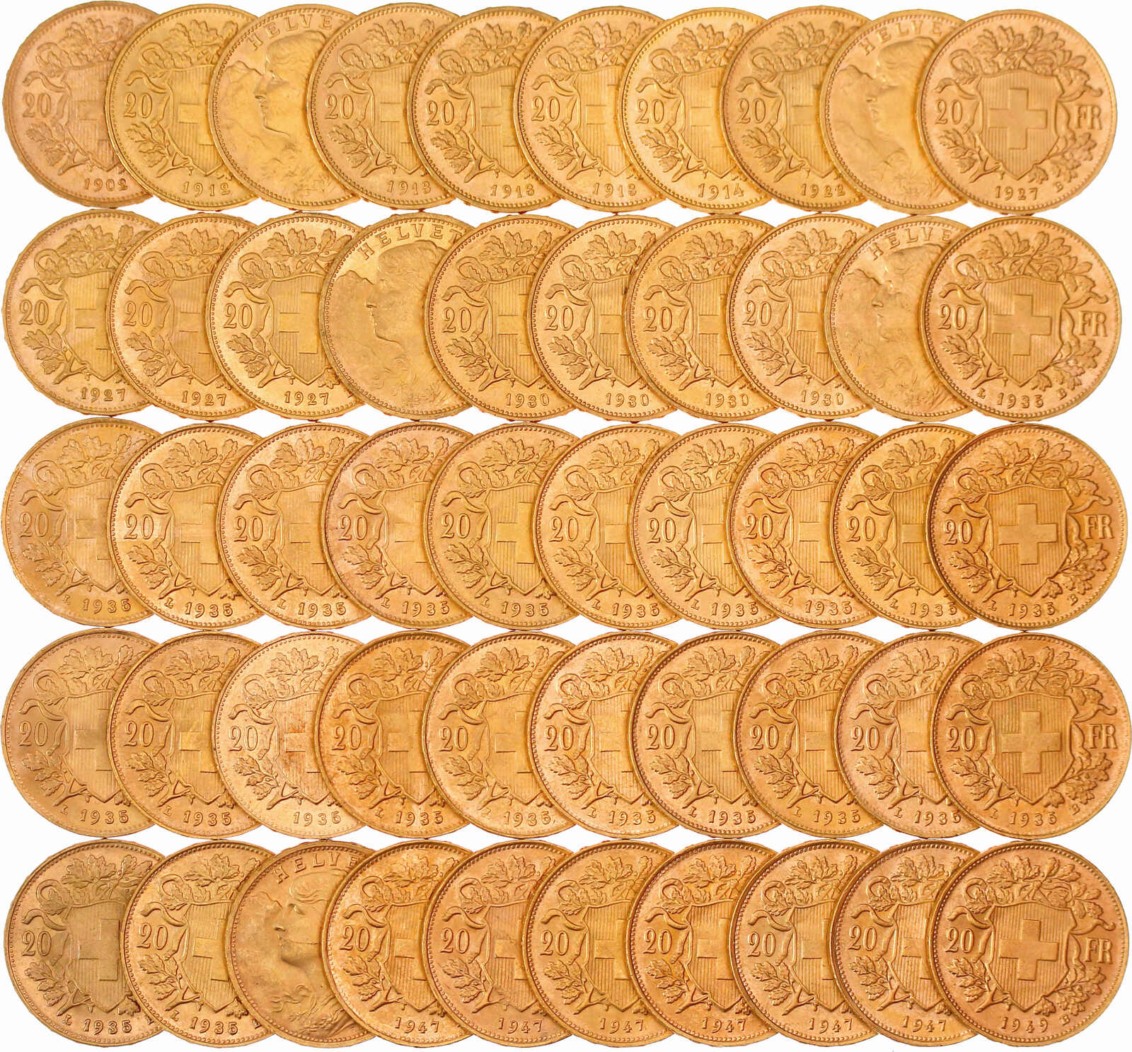 Lot 2263 - 50 X 20 Franken Vreneli Aus - 170th Teutoburger Münzauktion ...